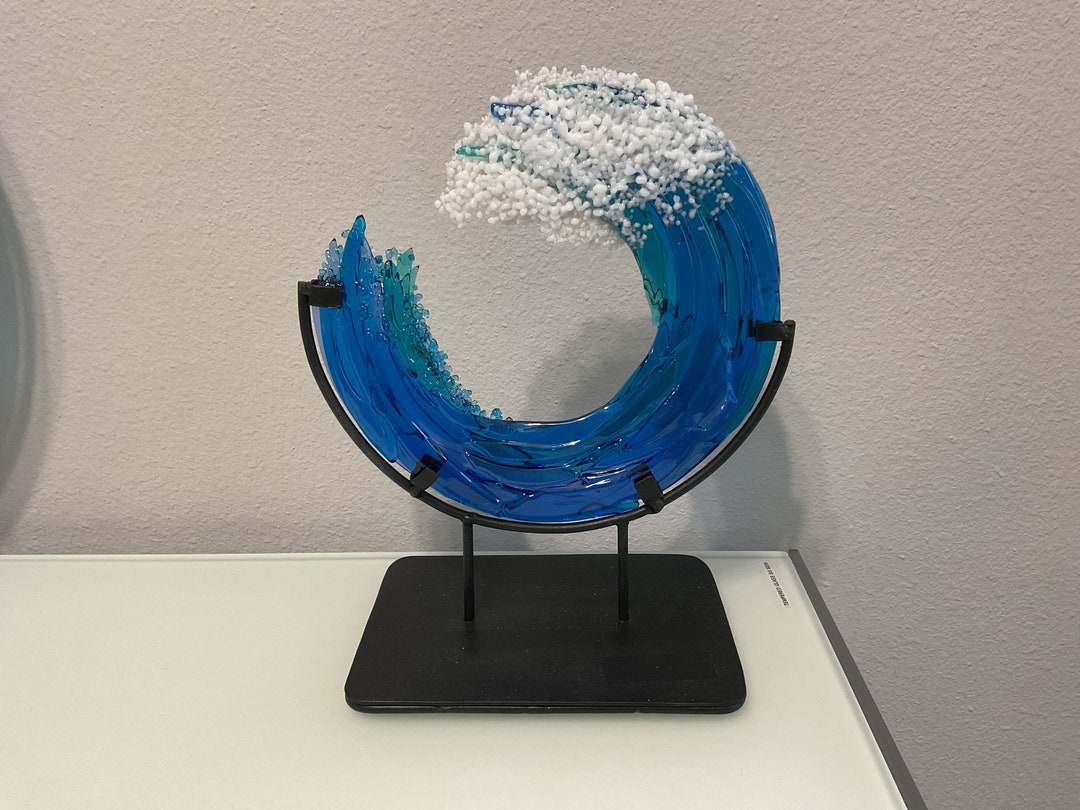 Wave, Fused Glass Crashing Wave, Ocean Wave, Blue Ocean Wave in Stand ...