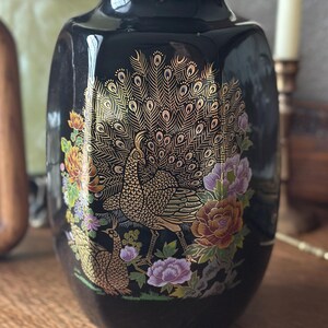 Vintage Japanese Black Ceramic Vase With Gold Peacock & Floral Design ...