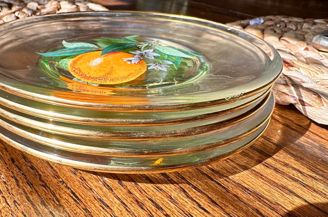 Vintage Arcoroc France Fruit Plates: Gold Rimmed Clear Glass, Set of 5 ...