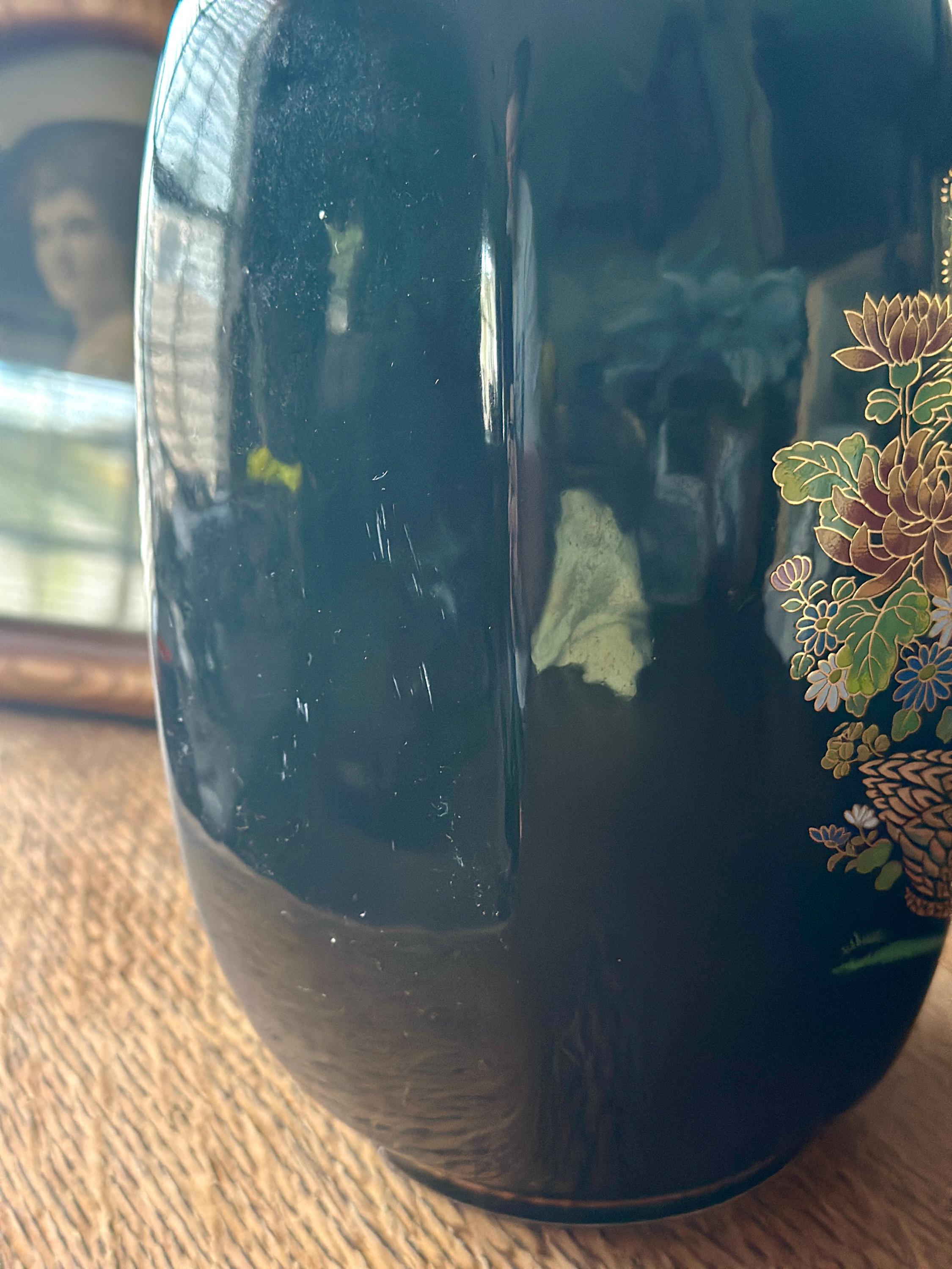 Vintage Japanese Black Ceramic Vase With Gold Peacock & Floral Design ...