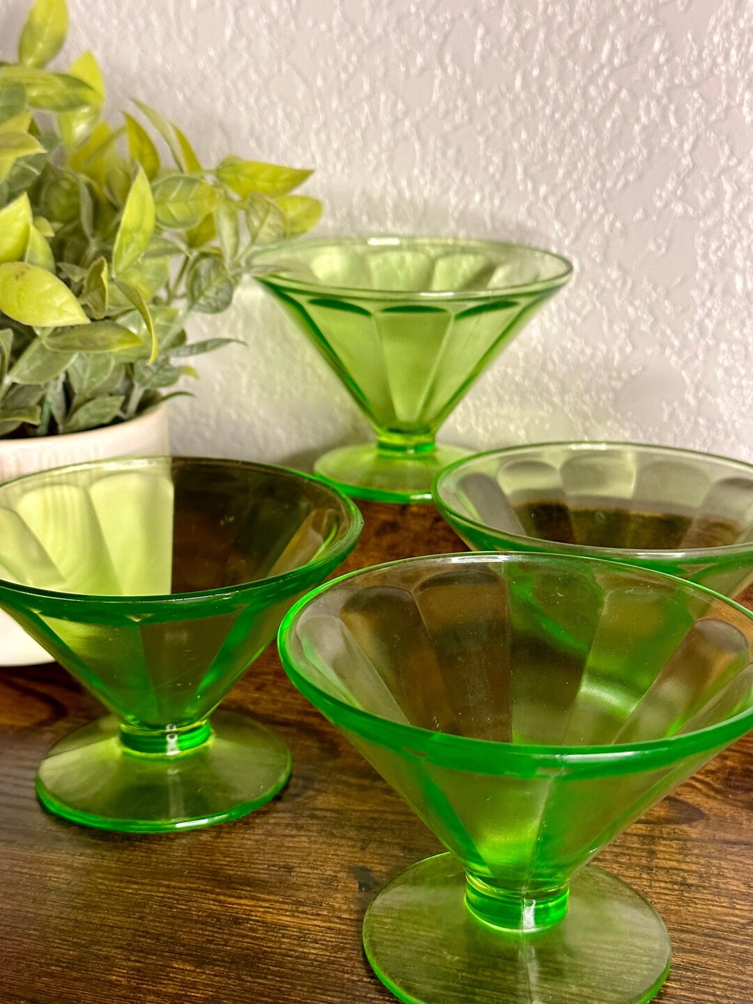 Federal Glass Green Sherbet/ice Cream Cups Optic Panel Pattern Uranium ...