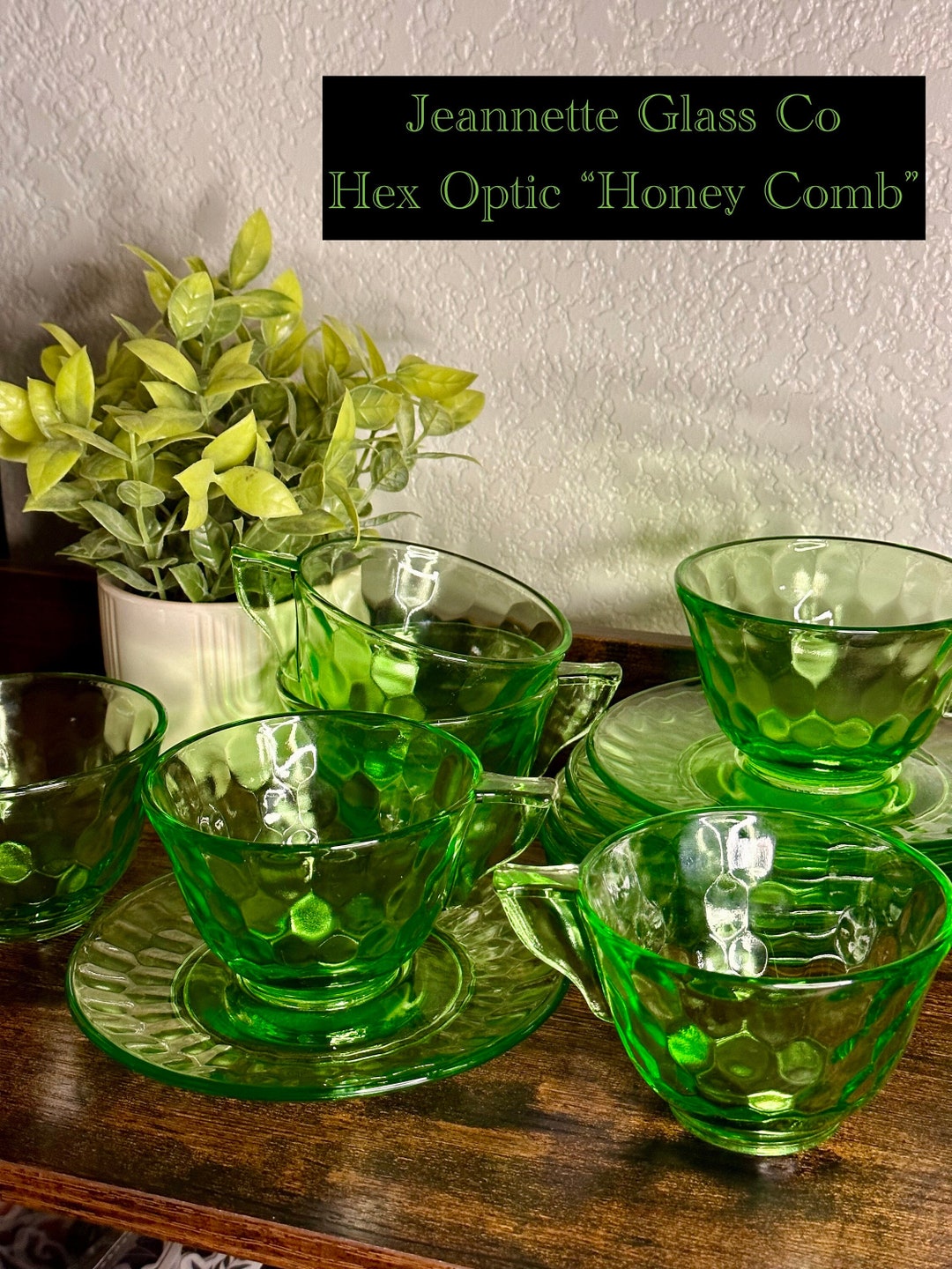 Vintage Uranium Glass Tea Cups & Saucers: Jeannette/anchor Hocking - Etsy