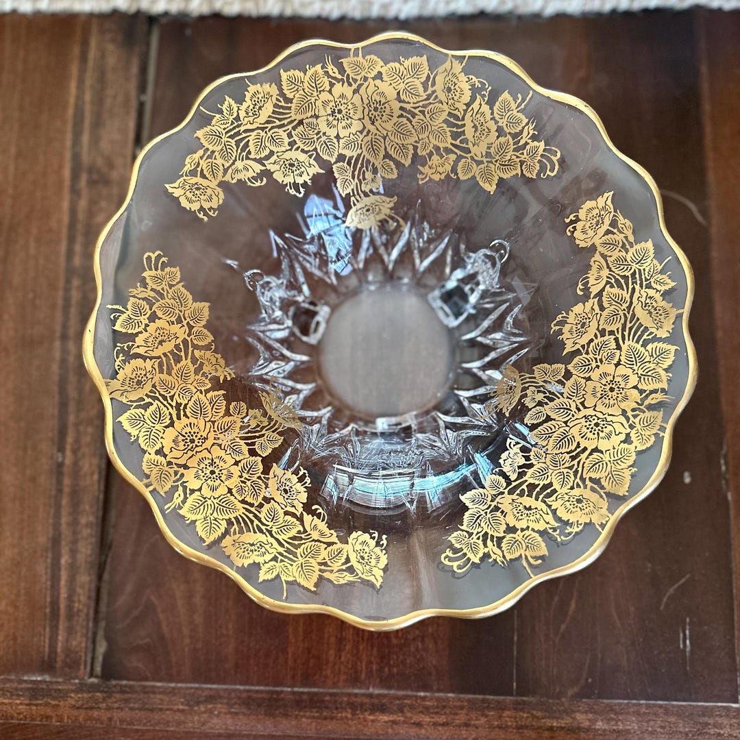 Vintage Cambridge Caprice Clear Three-footed Bowl With Gold Floral Rim ...