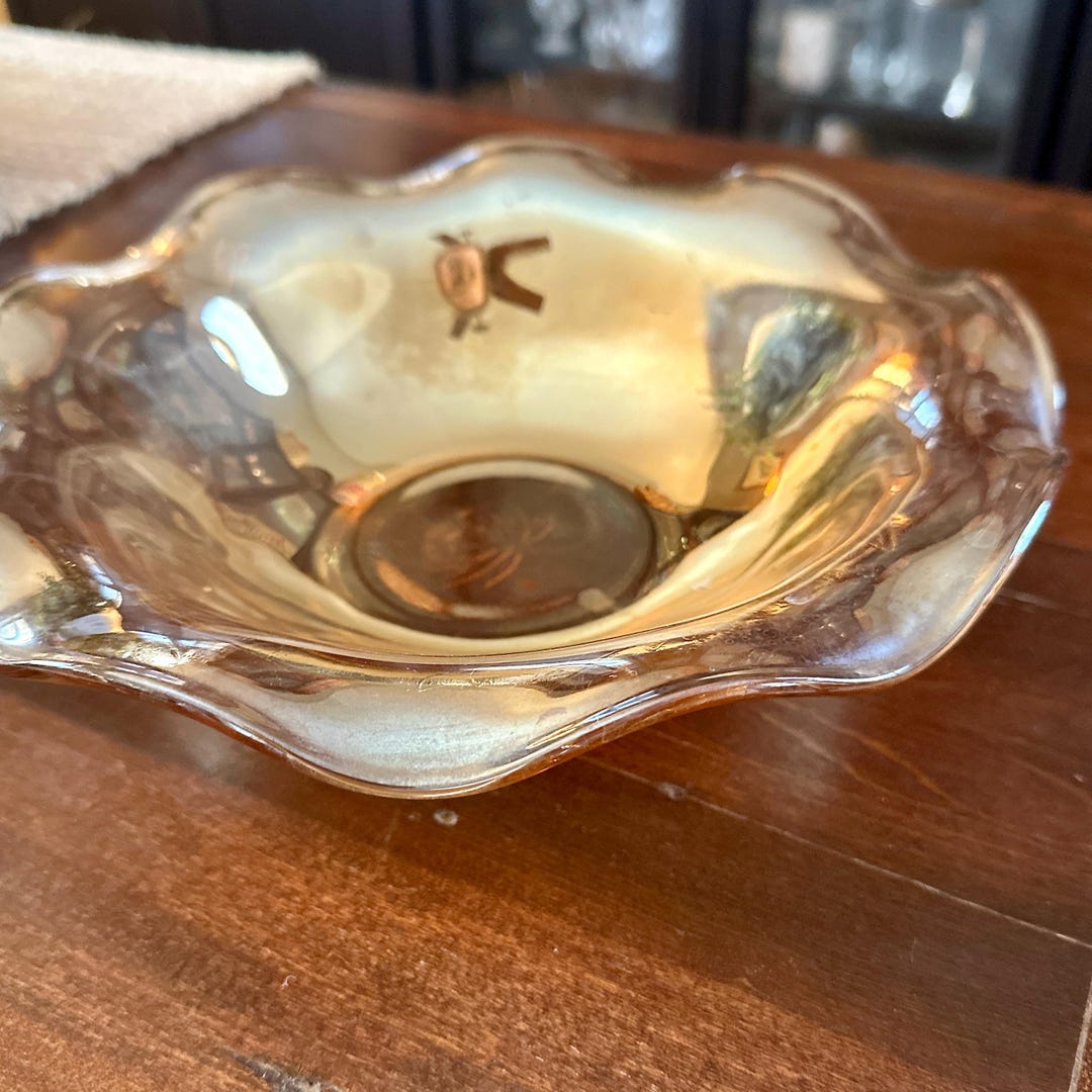 Vintage Iridescent Depression Glass Bowl, Ruffled Marigold Florigold ...