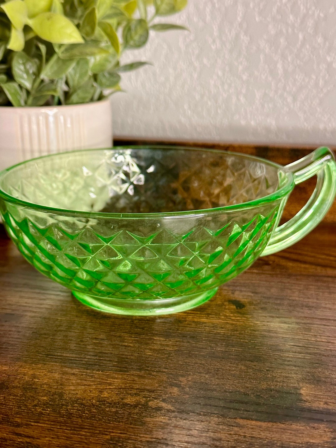 Vintage Uranium Depression Glass Soup Cup – Diamond Quilted Imperial ...