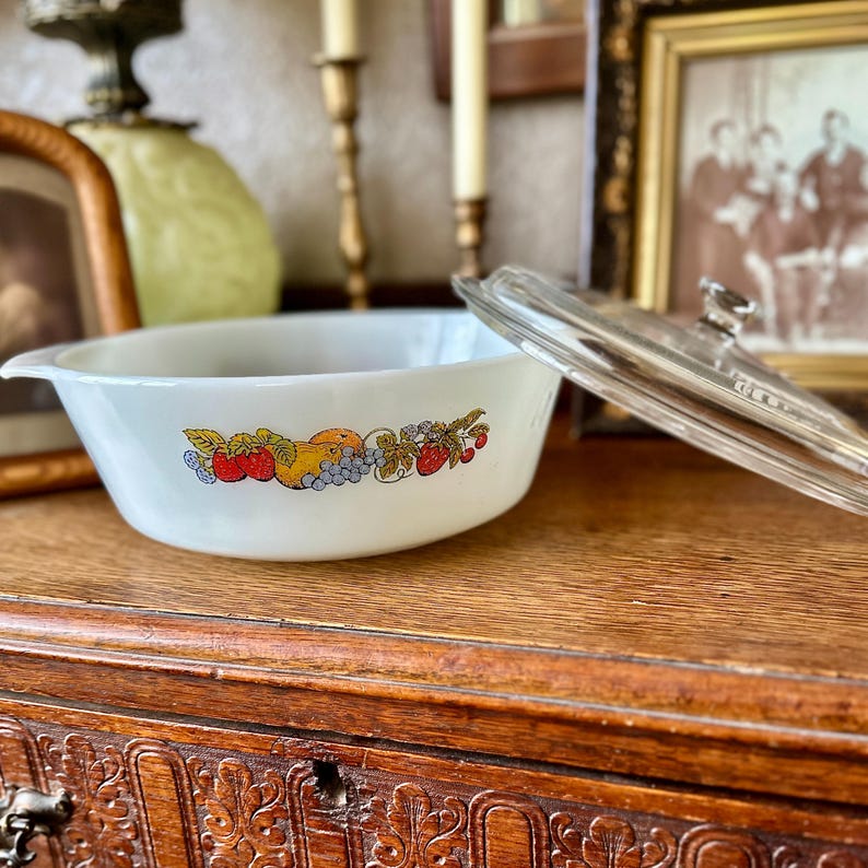 Vintage Fire-king Casserole Dish: Nature's Bounty Milk Glass, 1970s ...