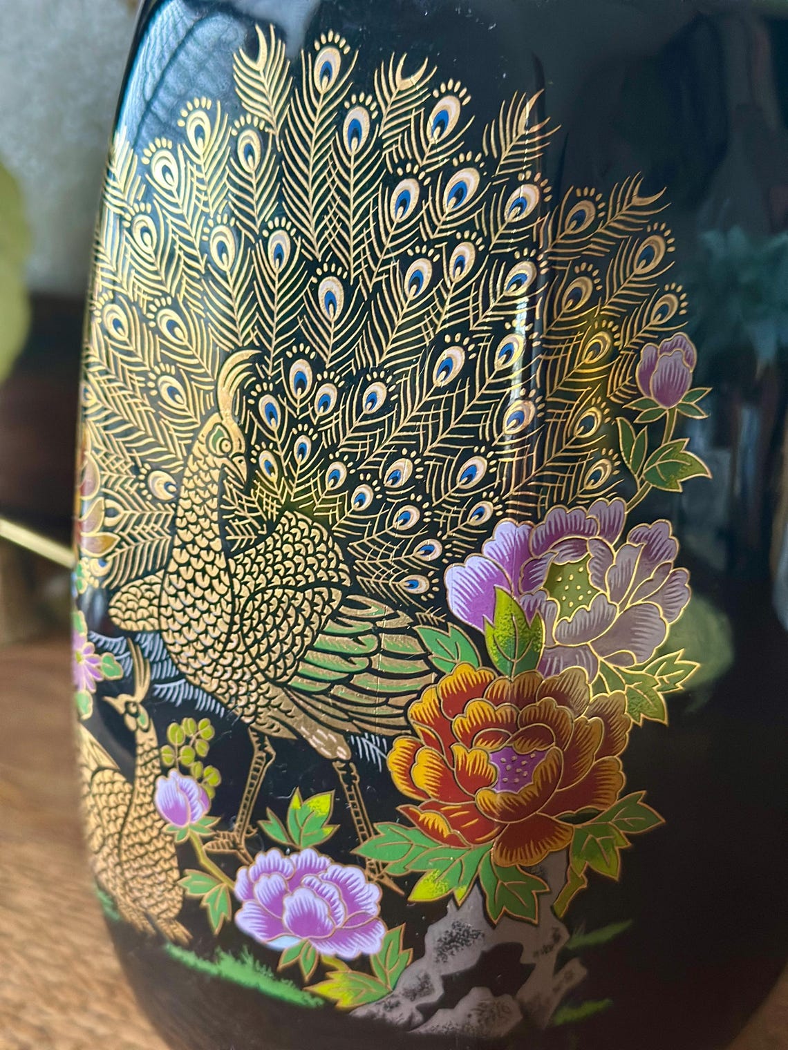 Vintage Japanese Black Ceramic Vase With Gold Peacock & Floral Design ...