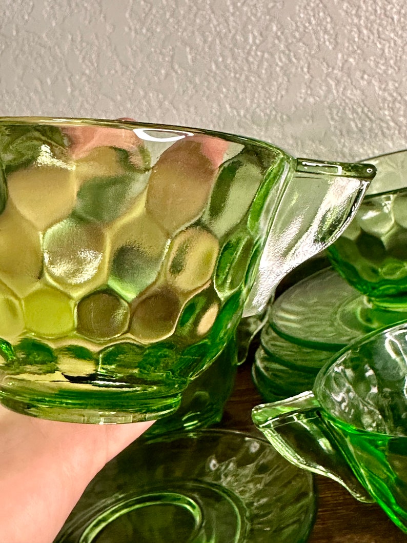 Vintage Uranium Glass Tea Cups & Saucers: Jeannette/anchor Hocking - Etsy