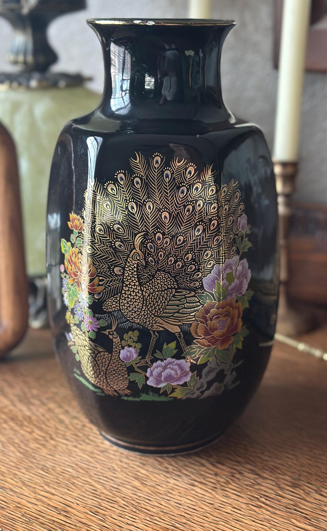 Vintage Japanese Black Ceramic Vase With Gold Peacock & Floral Design ...