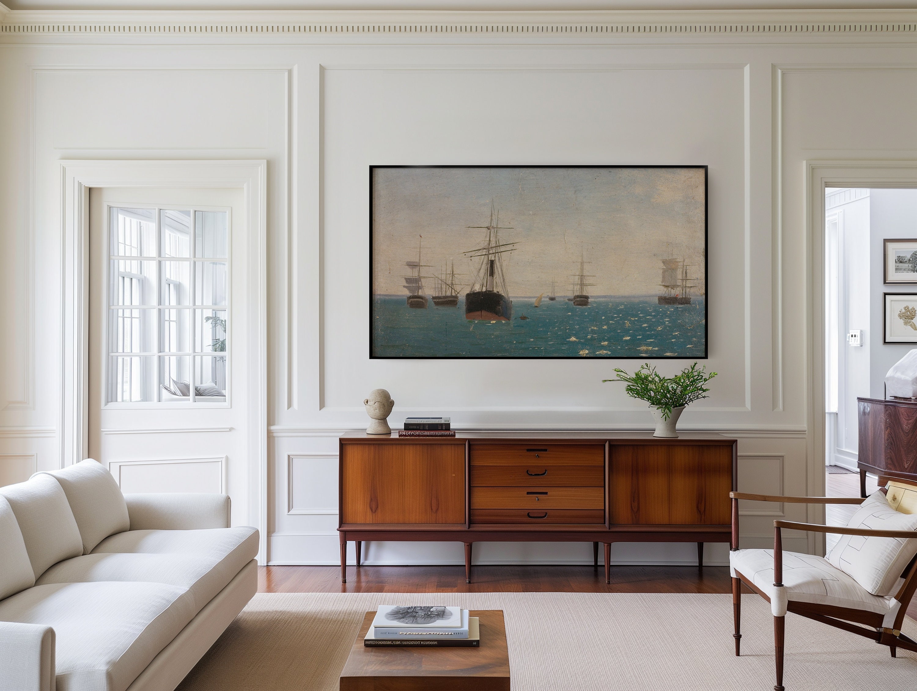 FRAME TV Nautical Dawn Antique Maritime Oil Painting Tall Ships ...