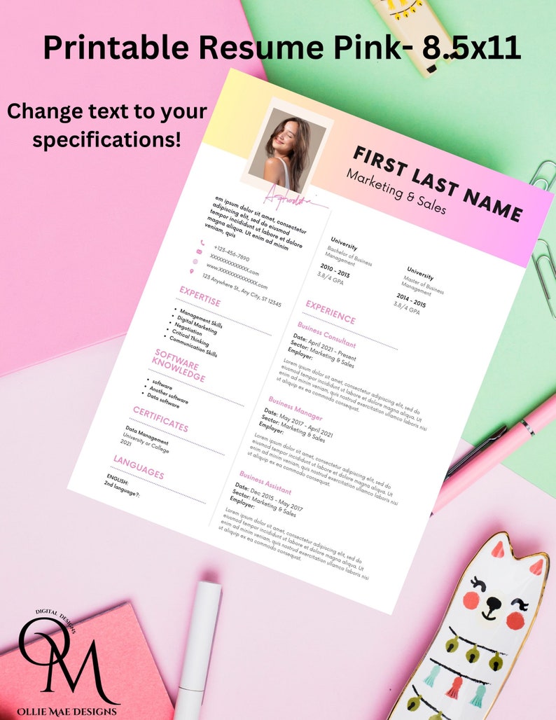Modern Resume| Pink| Personalize| Printable - Etsy