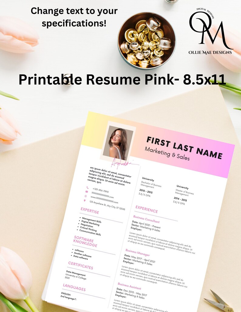 Modern Resume| Pink| Personalize| Printable - Etsy