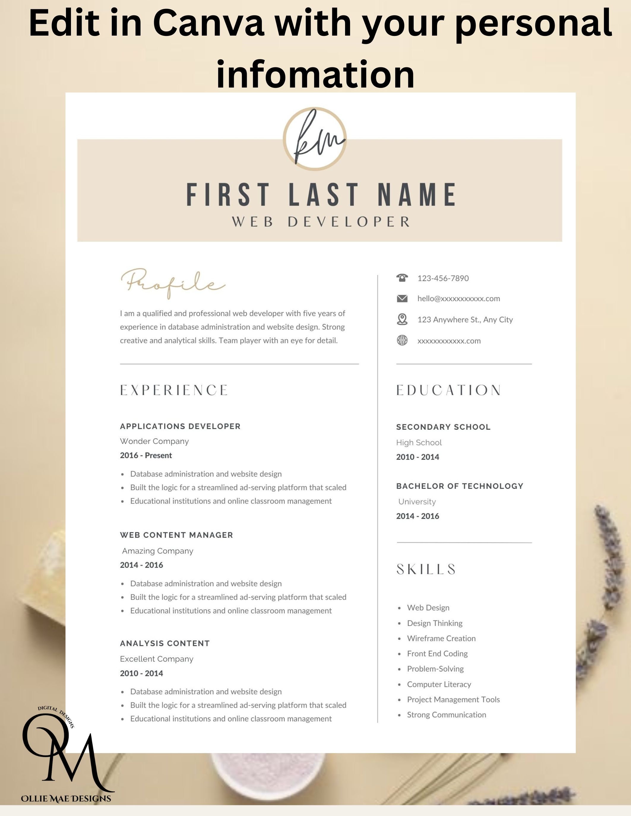 Professional Resume| Clean Tan Design| Personalize| - Etsy