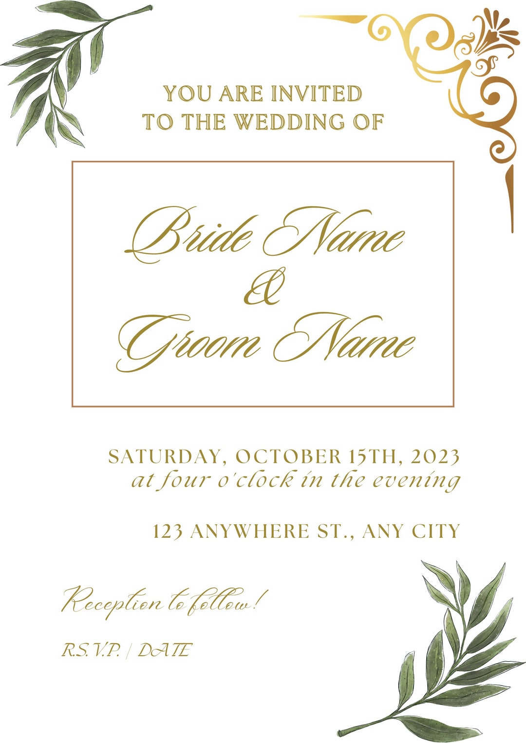 Elegant Green and Gold Wedding Invitation, Digital, Editable - Etsy