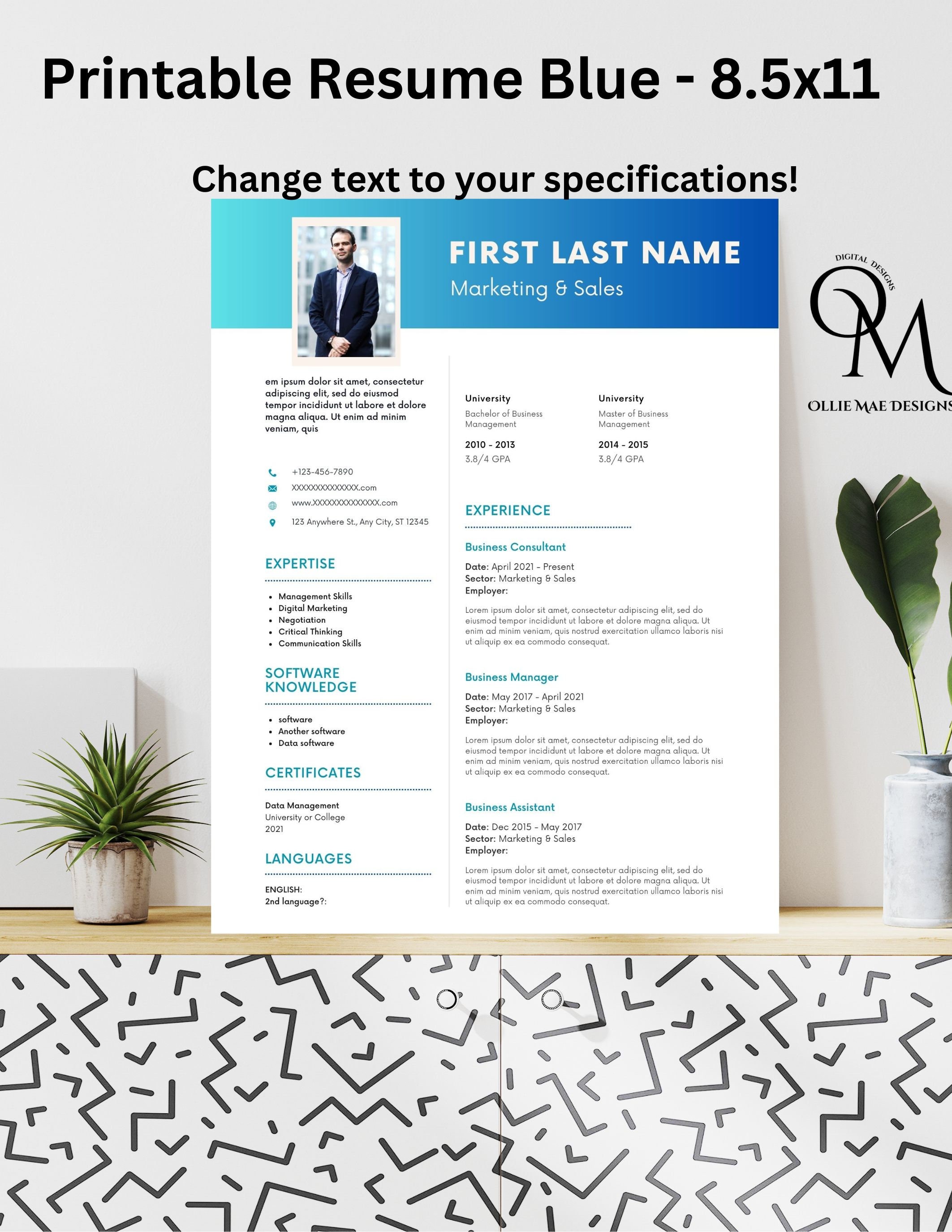 Modern Resume| Blue| Personalize| Download - Etsy