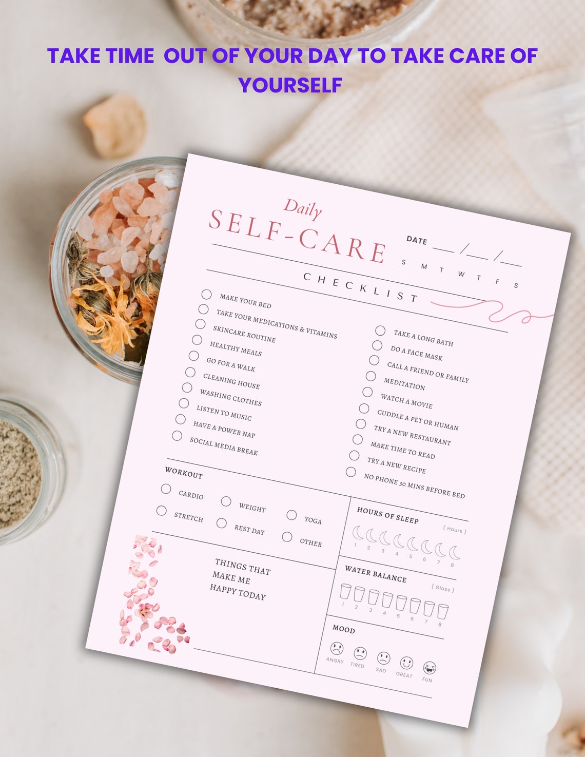 Self-care Planner |printable| Light Pink| Daily Practice| Mental Health ...