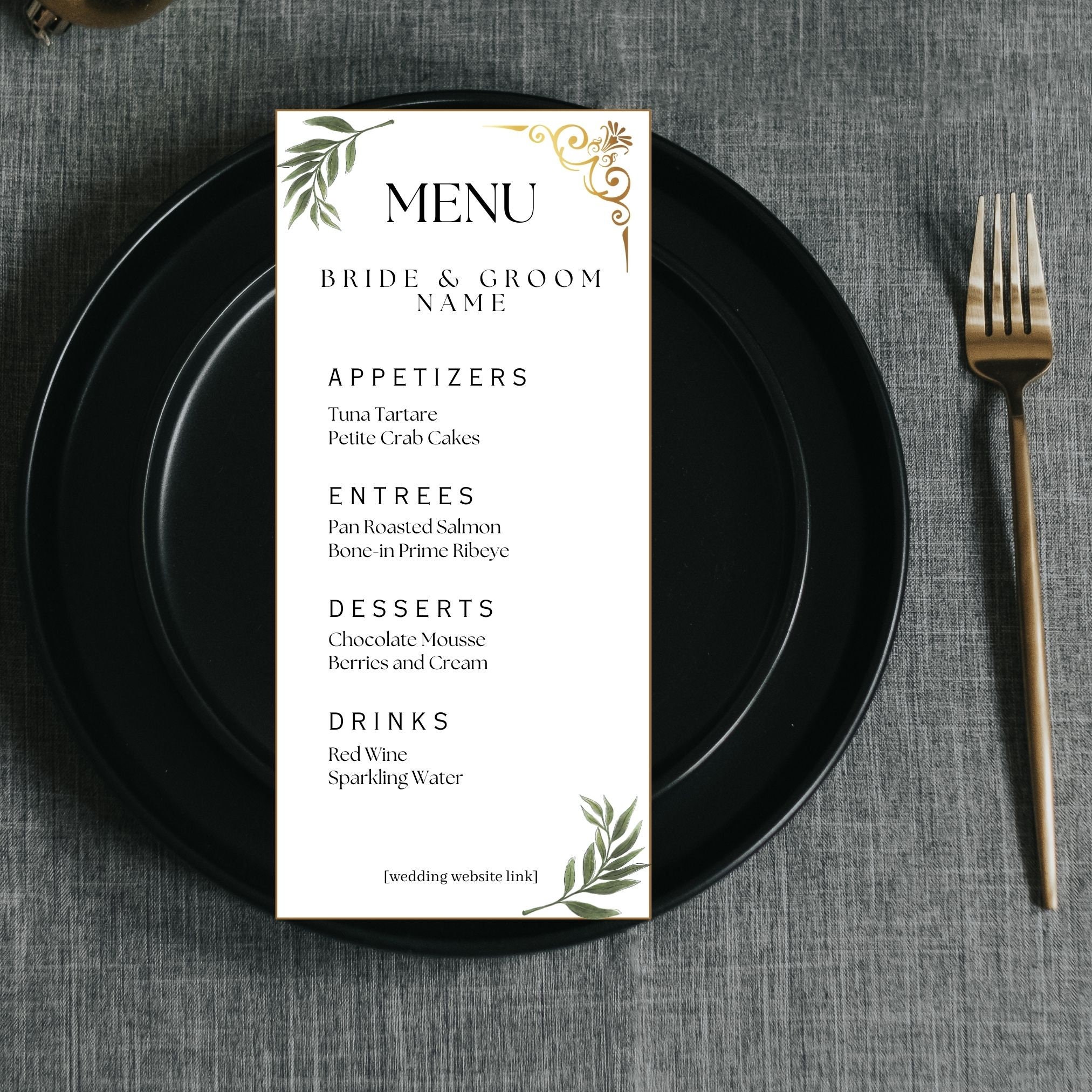 Elegant Green and Gold Wedding Menu| DIY| Minimal Design Template - Etsy