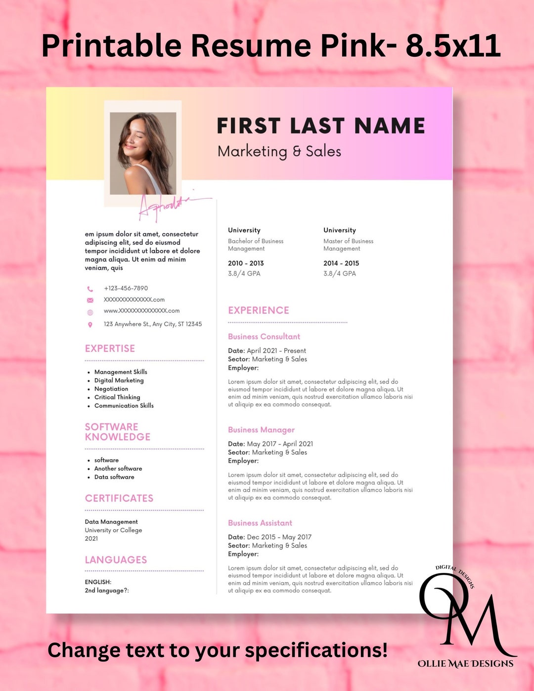 Modern Resume| Pink| Personalize| Printable - Etsy