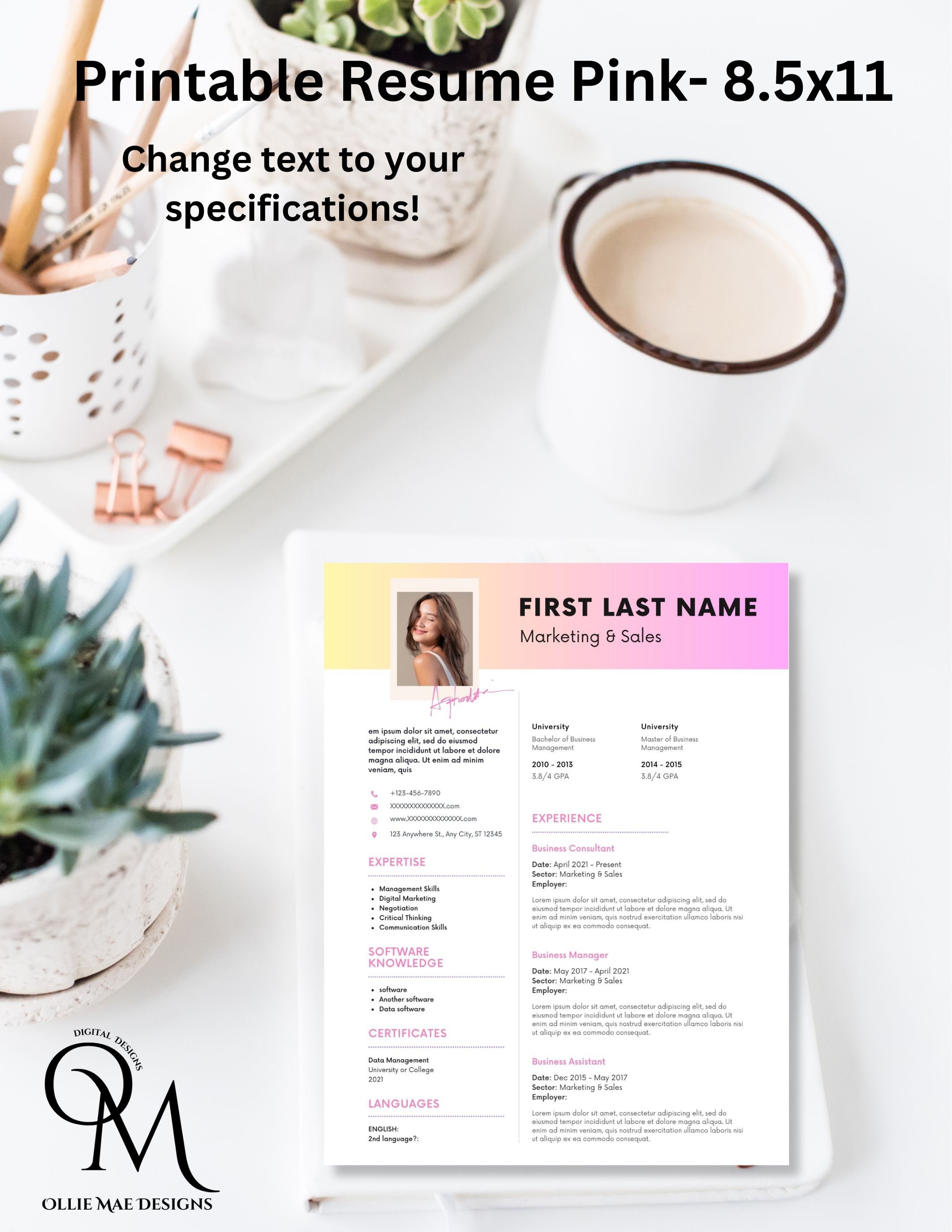 Modern Resume| Pink| Personalize| Printable - Etsy