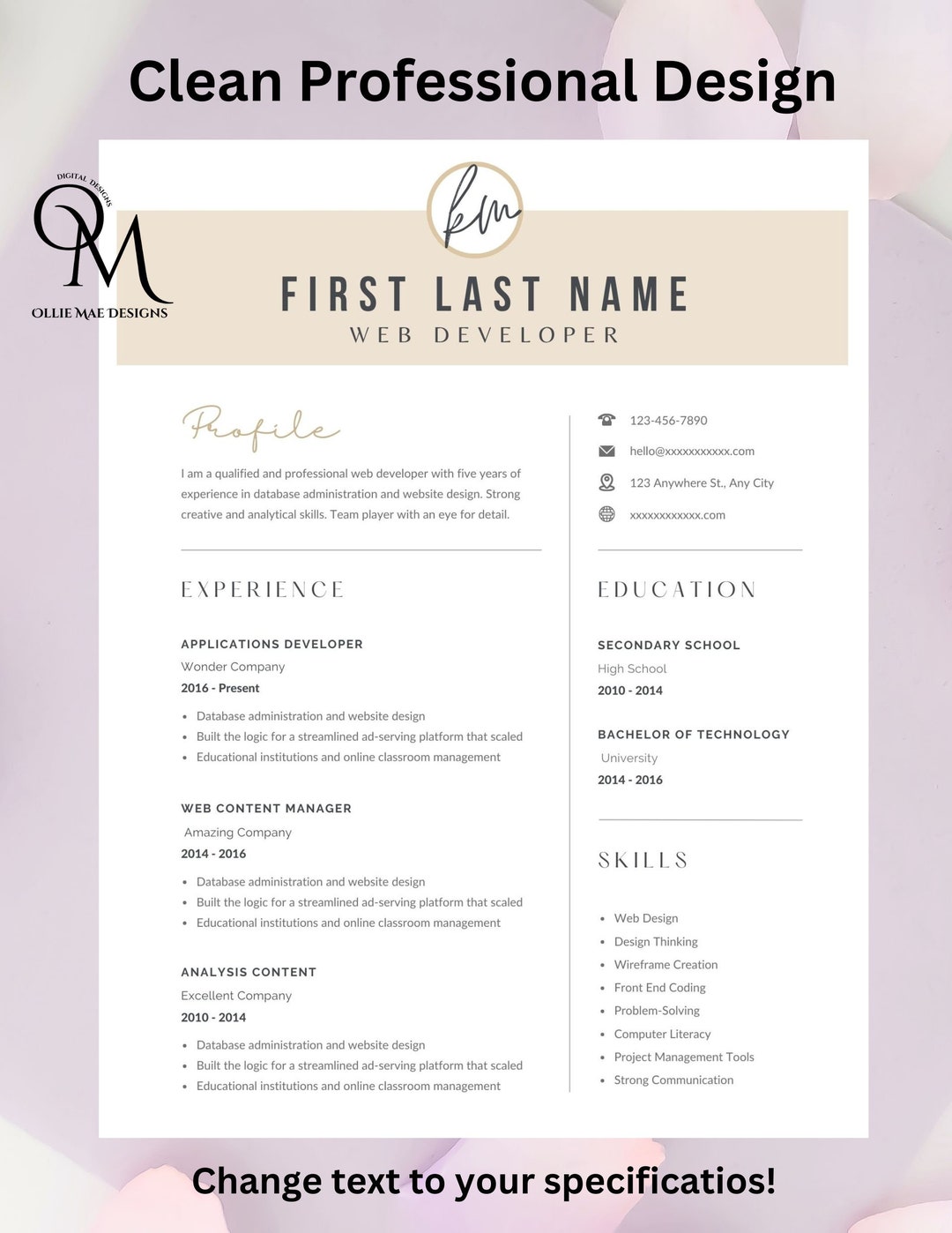 Professional Resume| Clean Tan Design| Personalize| - Etsy