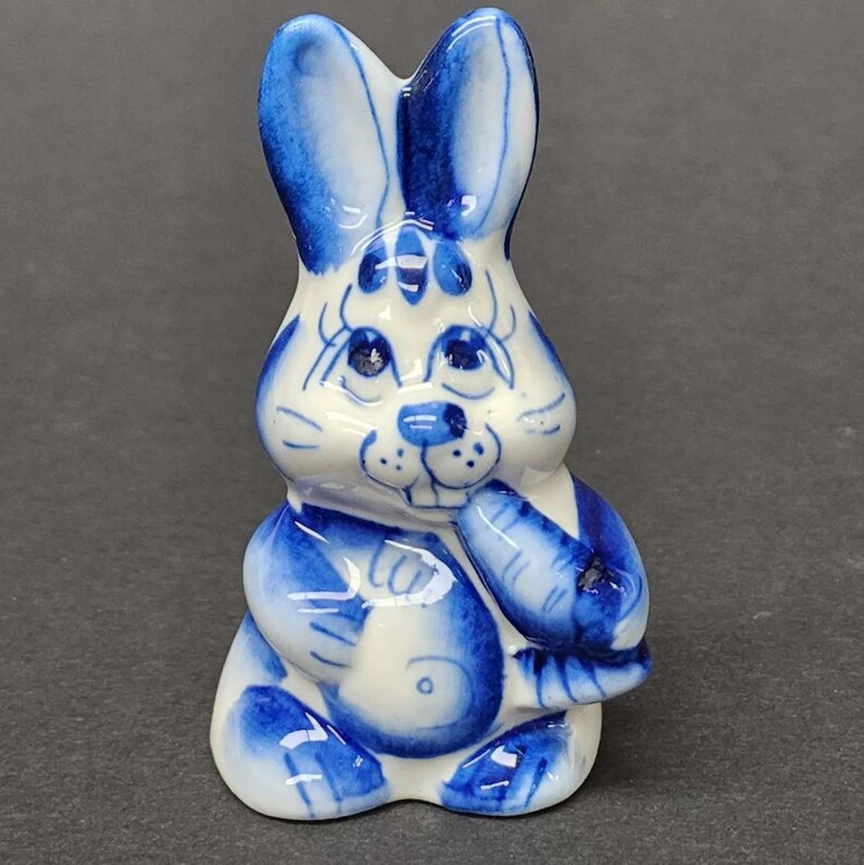Vintage Ceramic Gzhel Figurine White & Orange Rabbit Unique Collectible ...