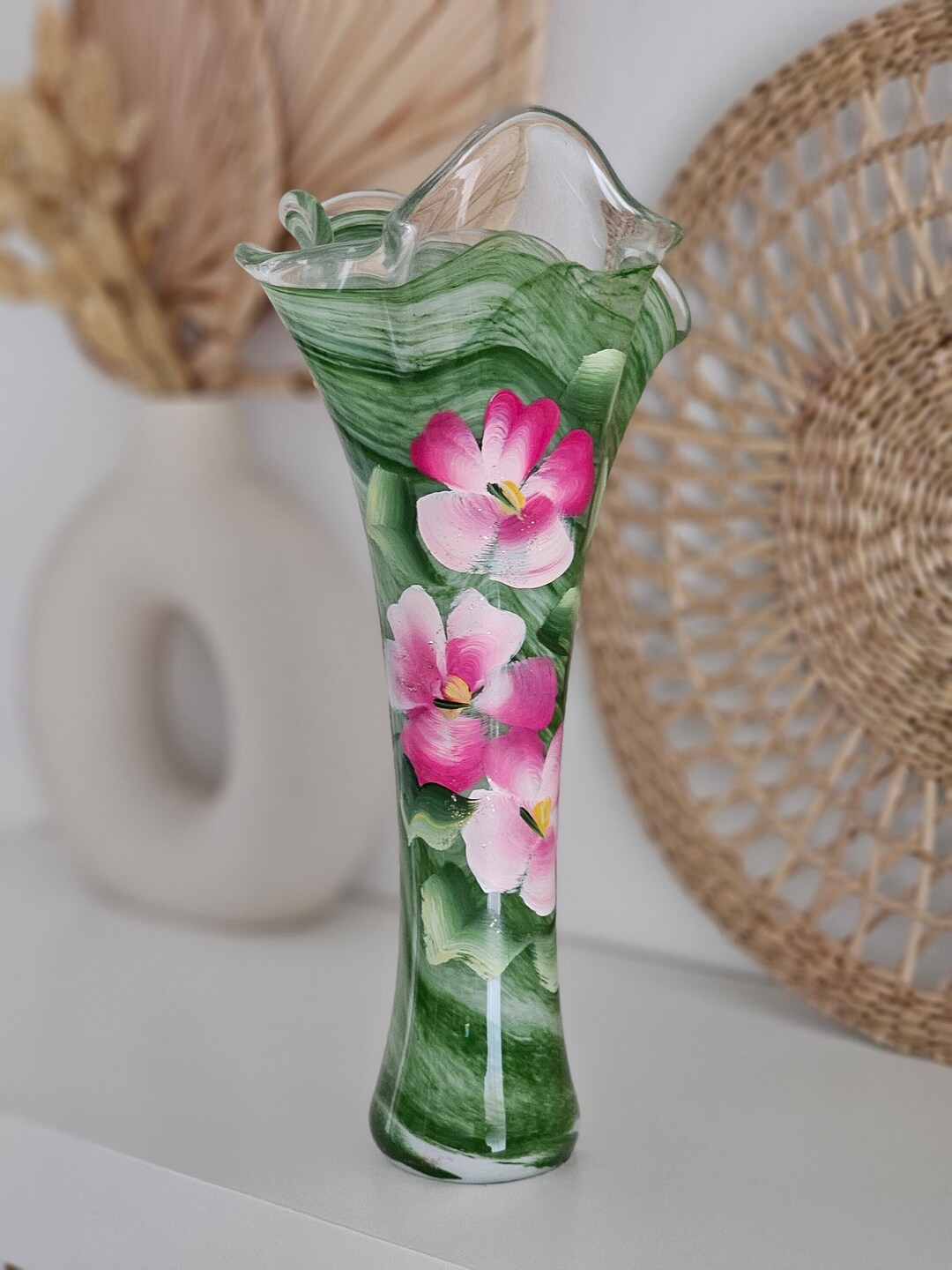 12 Handmade Glass Vase 30cm With Unique Hand-painted Flower Design Home ...