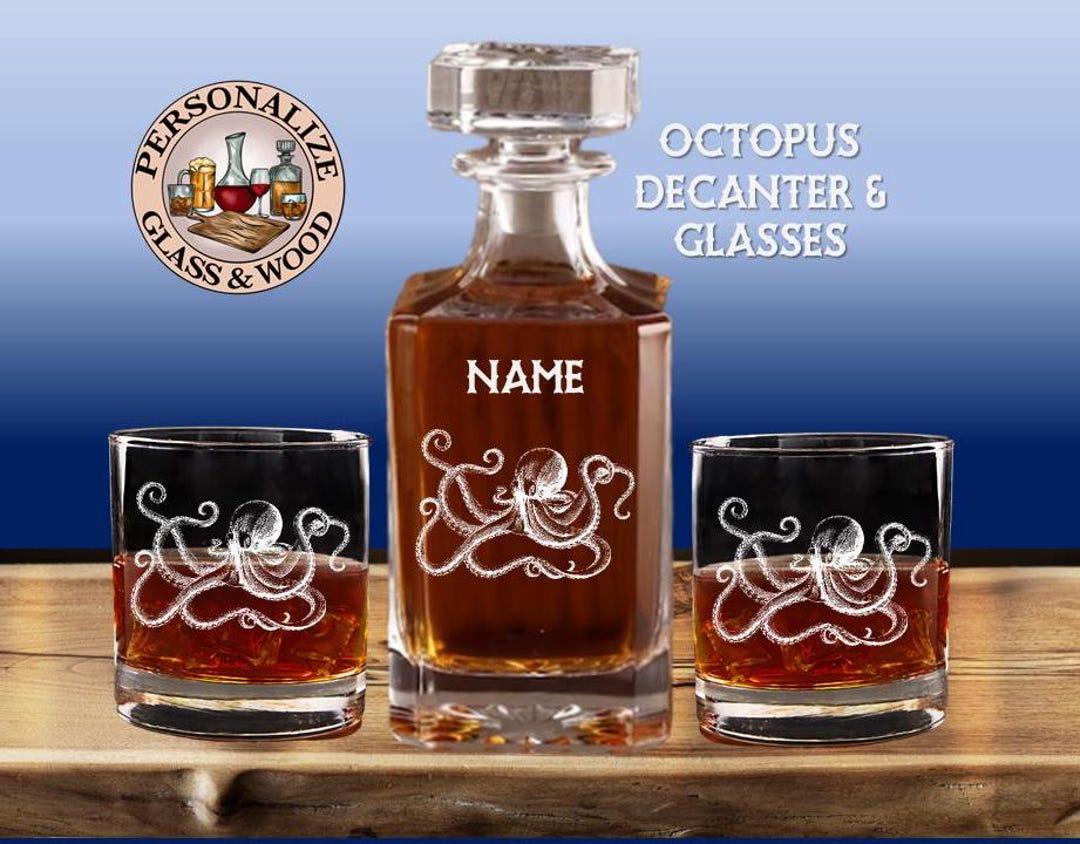 Octopus Engraved Liquor Decanter and Glasses, Personalized Gift ...