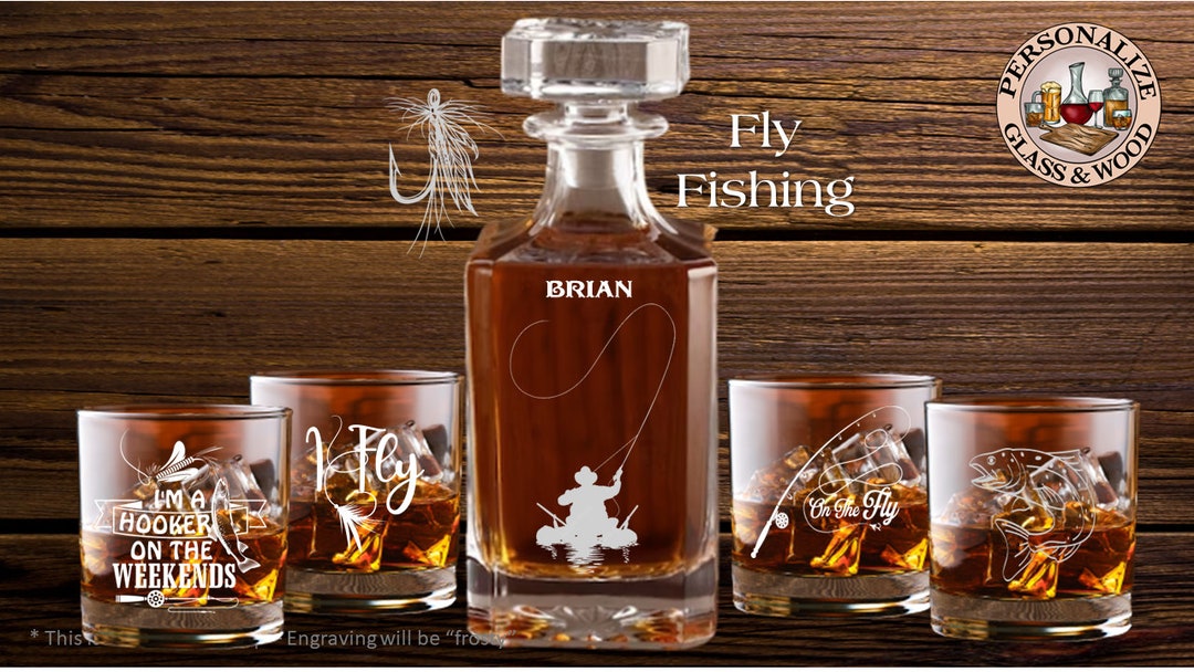 Fly Fishing Engraved Whiskey Decanter, Glasses or Set, Personalized ...