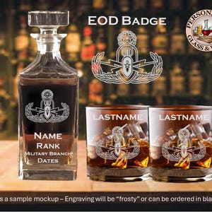 EOD Badge Engraved Whiskey Decanter And/or Glasses Set, Master, Senior, Basic, PSBT EOD Badge ...