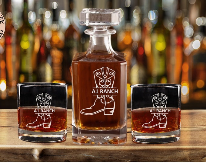 Cowboy Boot Monogram Whiskey Decanter Set, Personalized Western ...
