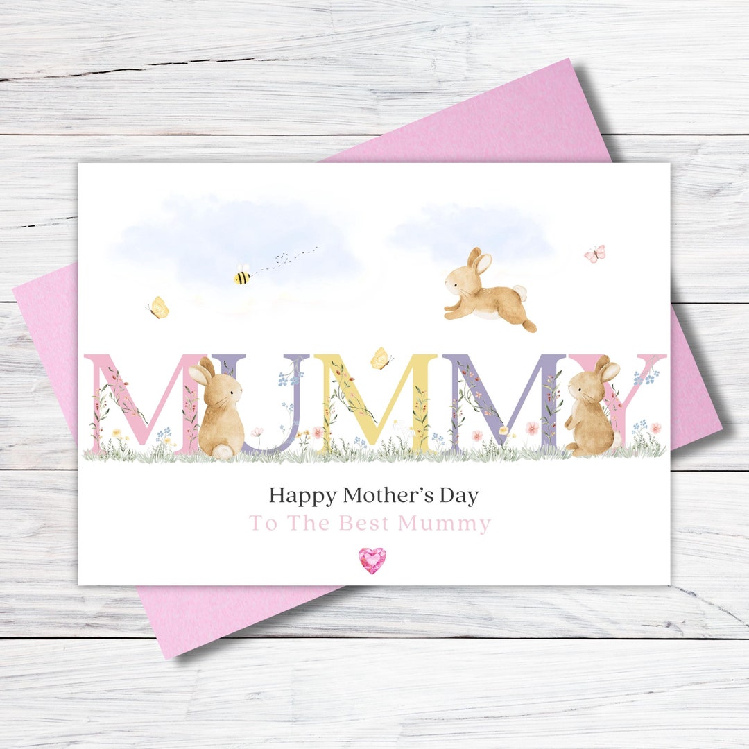 Mothers Day Card, Floral Mother's Day Card, Bunny Mother's Day Card ...