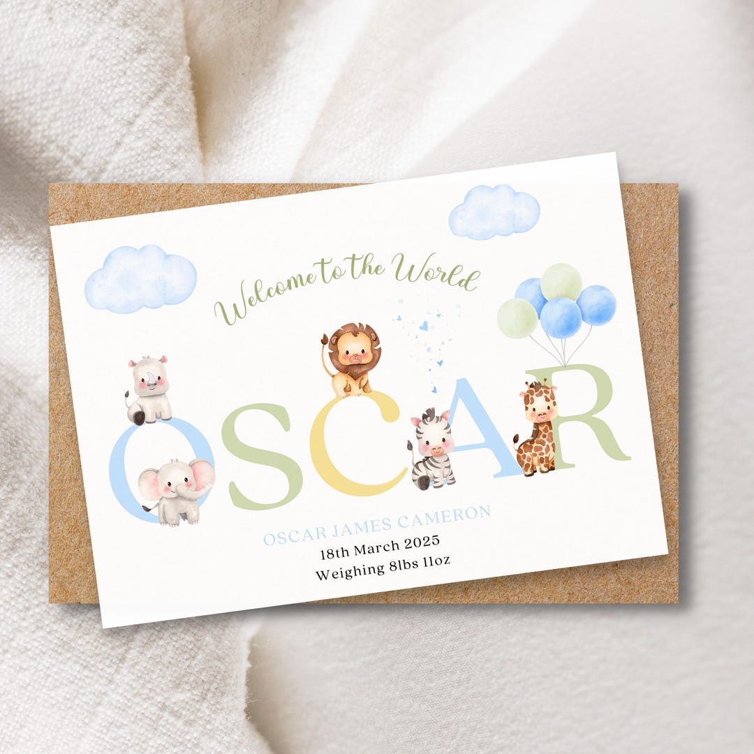Personalised New Baby Boy Card Blue Safari Card for Baby Boy Card for ...