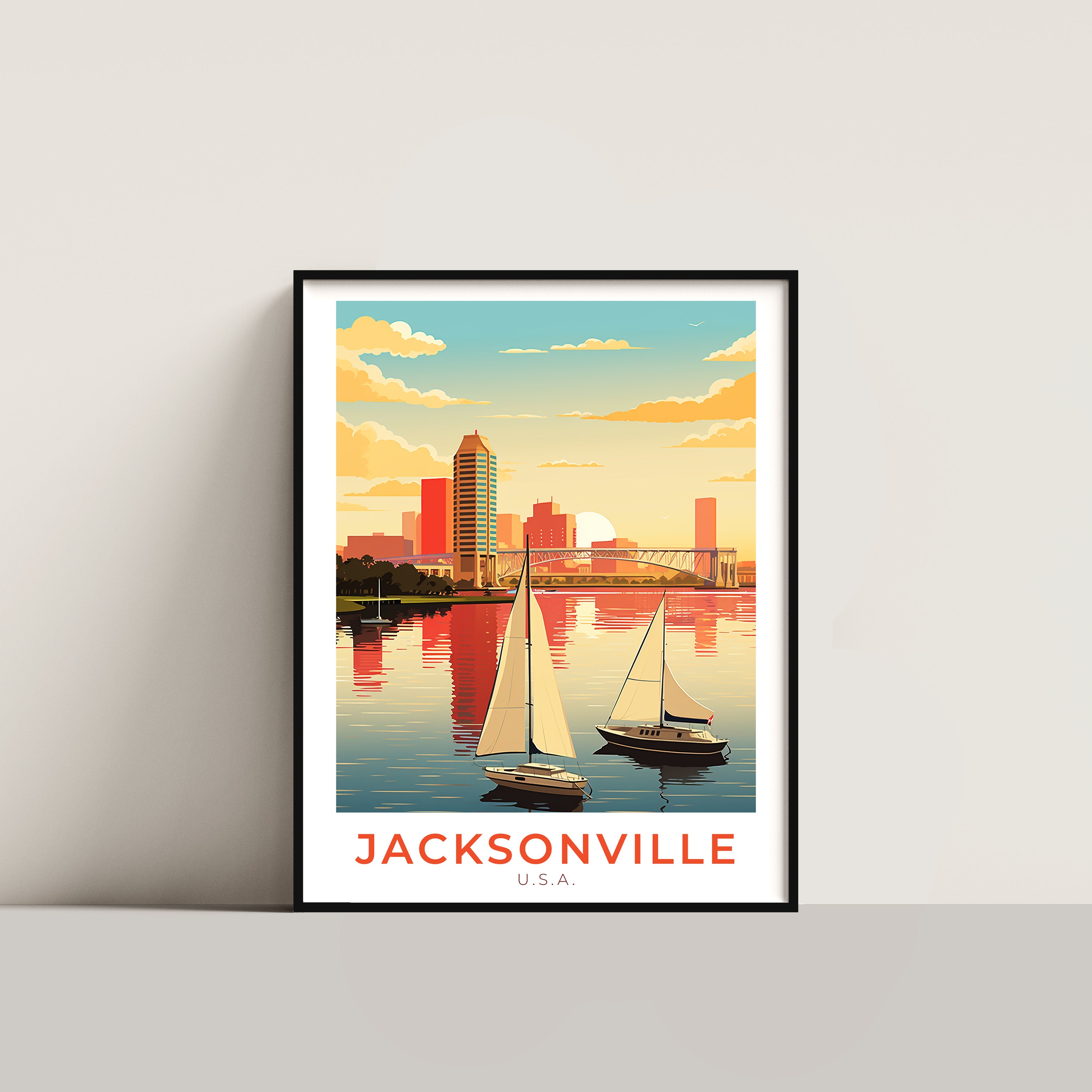 Jacksonville Travel Poster Wall Art Gift U.S.A. Travel Print Gift Home ...