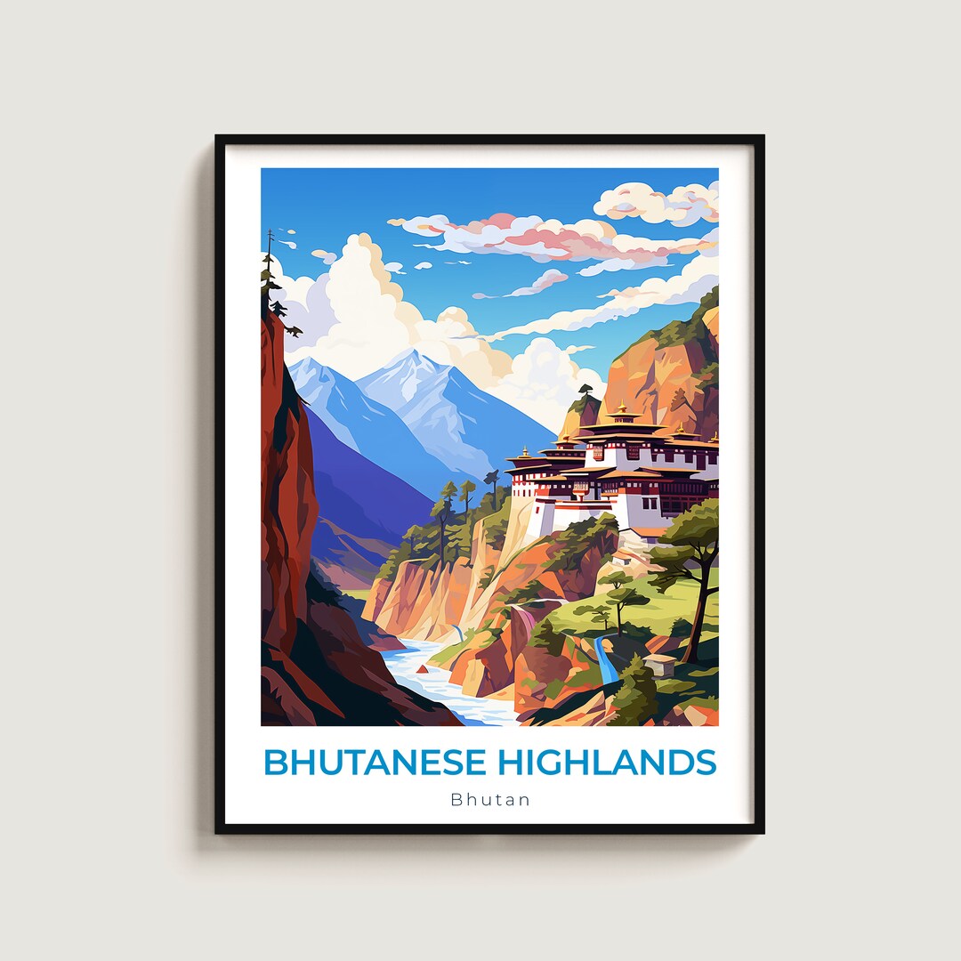Bhutanese Highlands Travel Poster Wall Art Gift Bhutan Travel Print ...