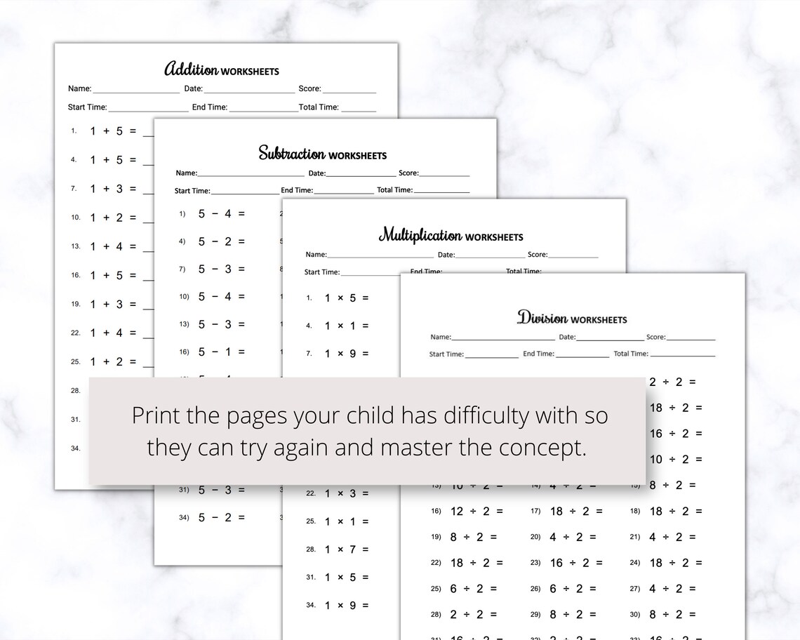 Math Worksheet Printable for Kids, Addition, Subtraction, Division and ...