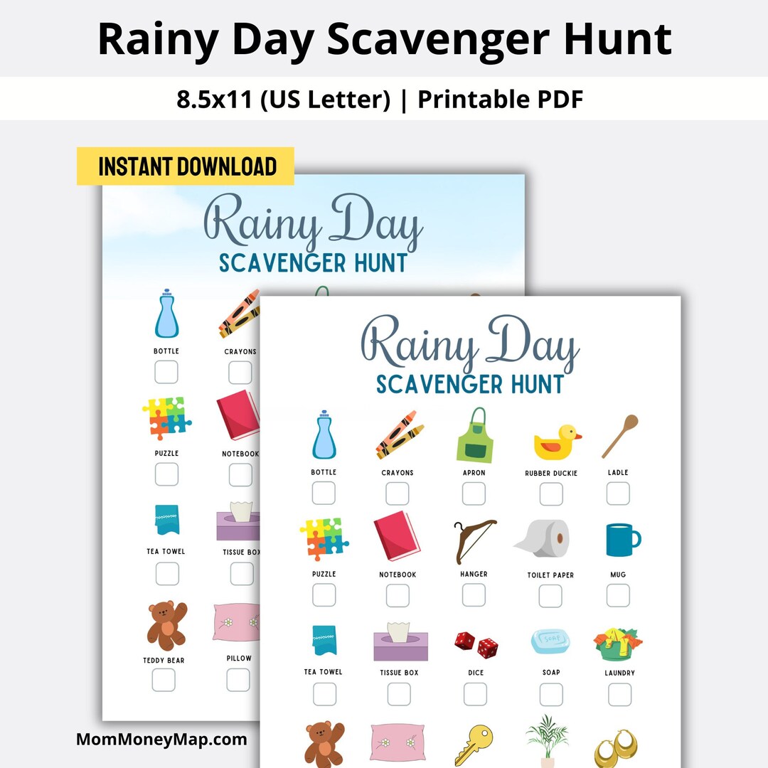 Rainy Day Scavenger Hunt Printable PDF, Treasure Hunt Printable, Family ...