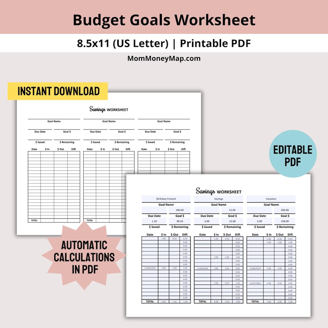 Budget Goals Worksheet Printable PDF, Savings Goals Worksheet, Saving ...