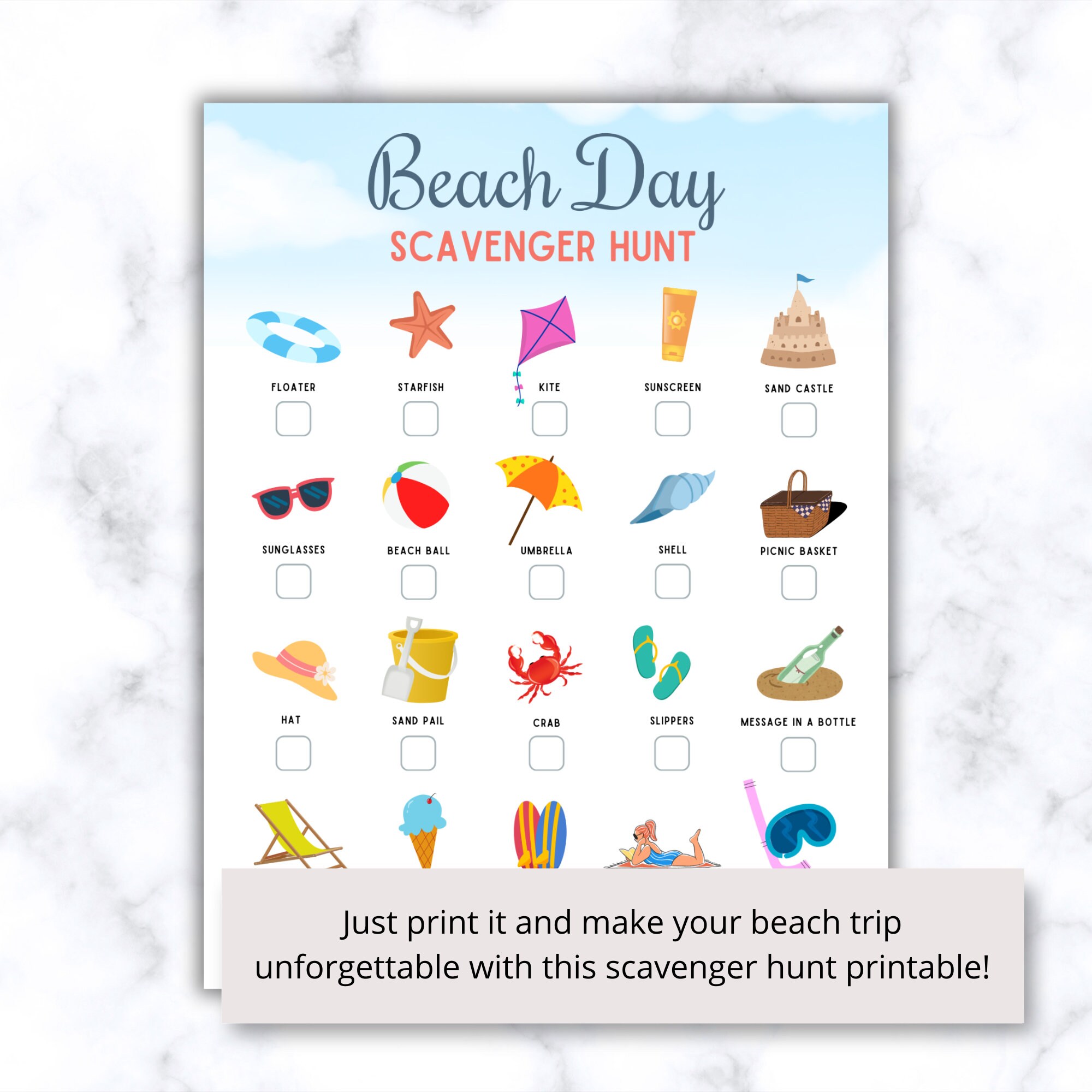 Beach Day Scavenger Hunt Printable PDF, Treasure Hunt Printable, Family ...