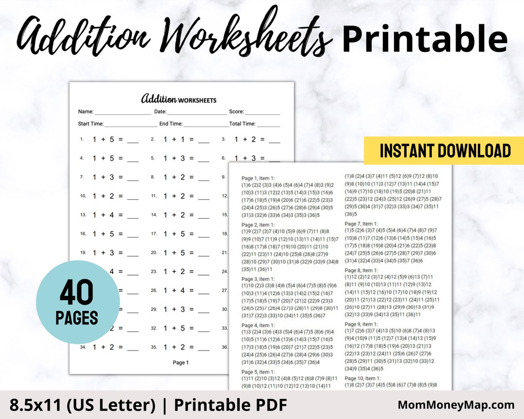Addition Worksheets Printable for Kids Math Learning - Etsy