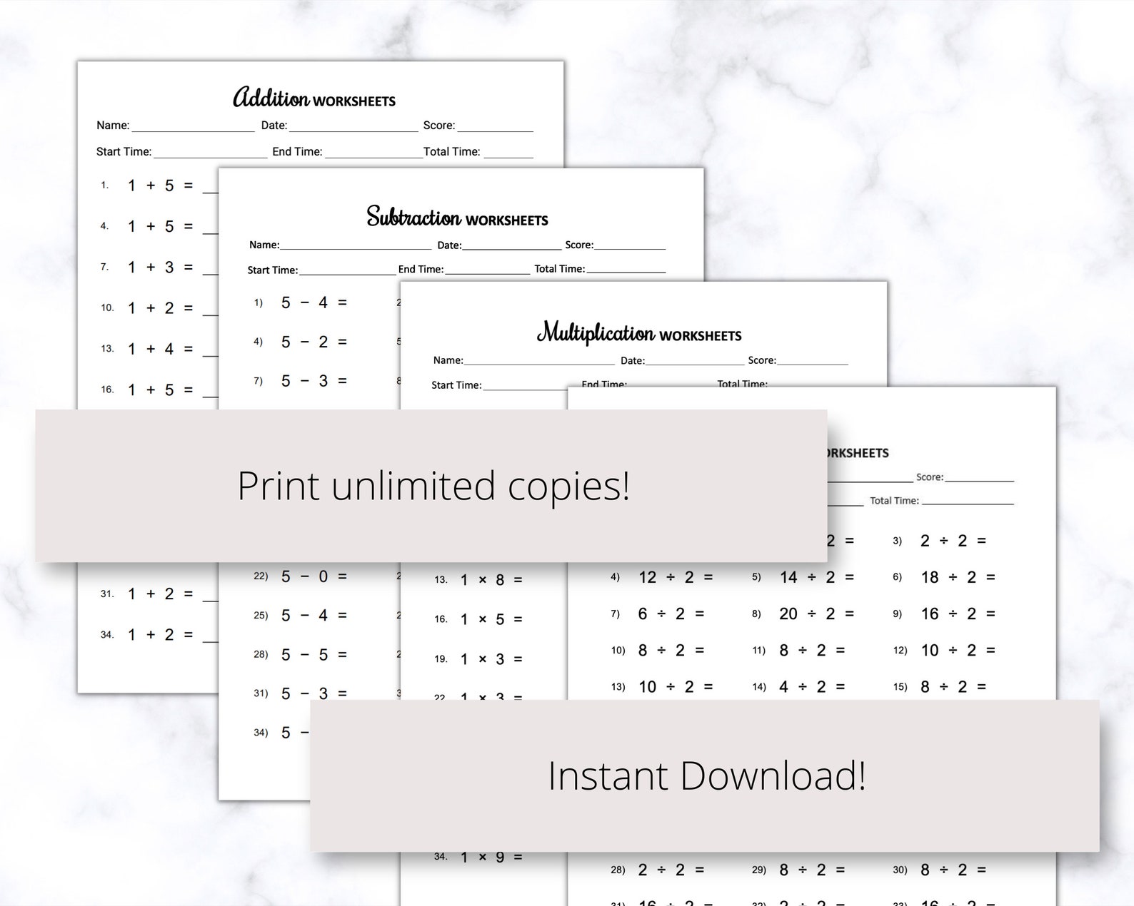 Math Worksheet Printable for Kids, Addition, Subtraction, Division and ...