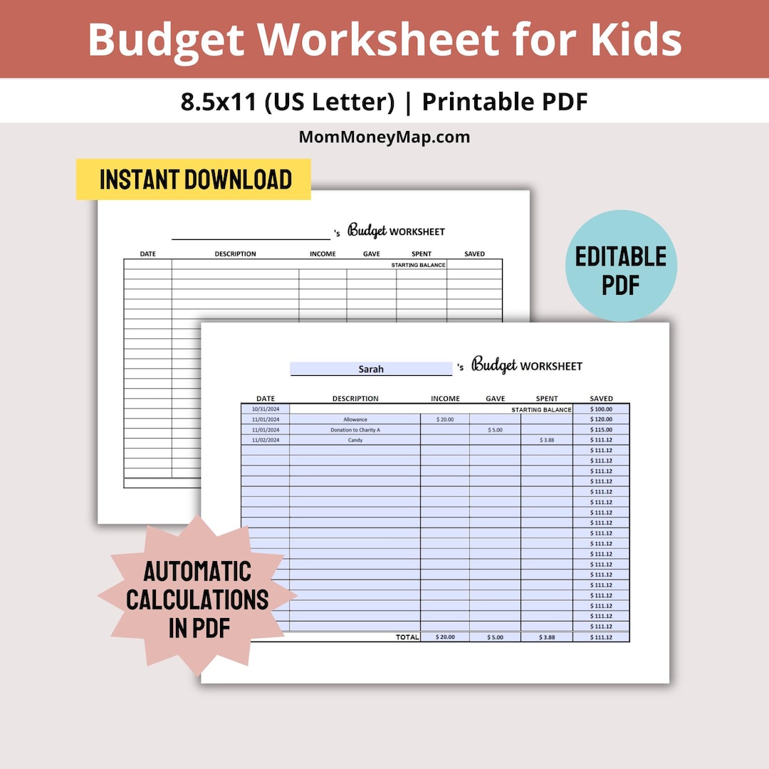 Budget Worksheet for Kids Printable PDF, Kids Money Tracker for ...