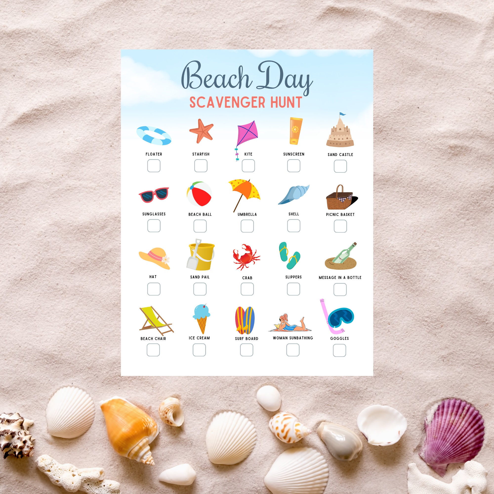 Beach Day Scavenger Hunt Printable PDF, Treasure Hunt Printable, Family ...