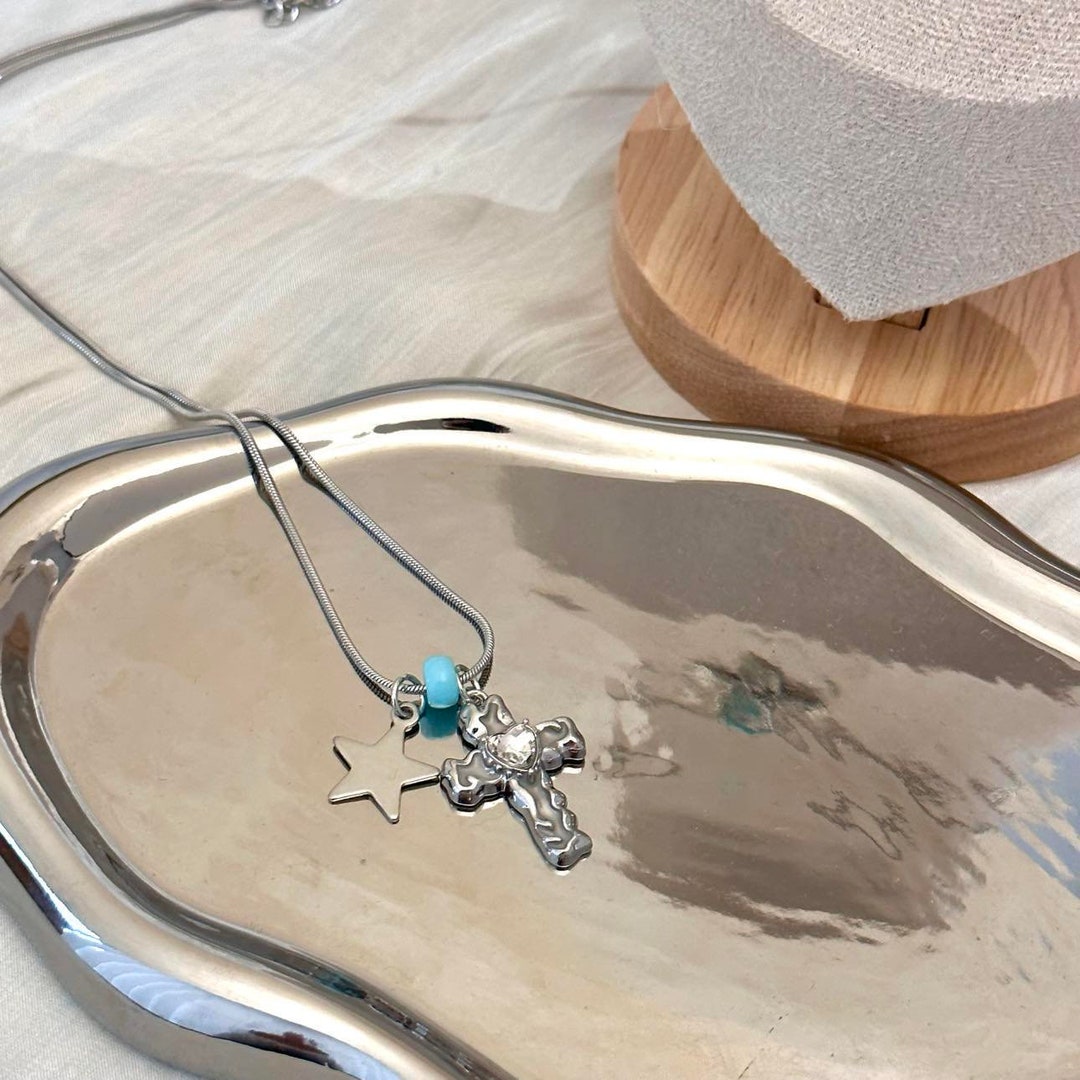 Y2k Heart Crystals Gothic Cross Blue Beaded Charm Necklace, Cyber Punk ...