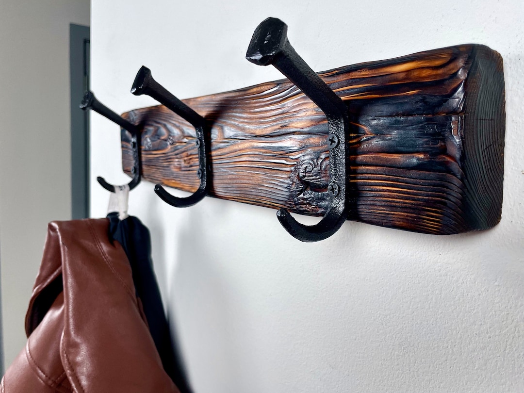 17'' Industrial Style Railroad Spike Coat Hanger Rustic Charred and ...