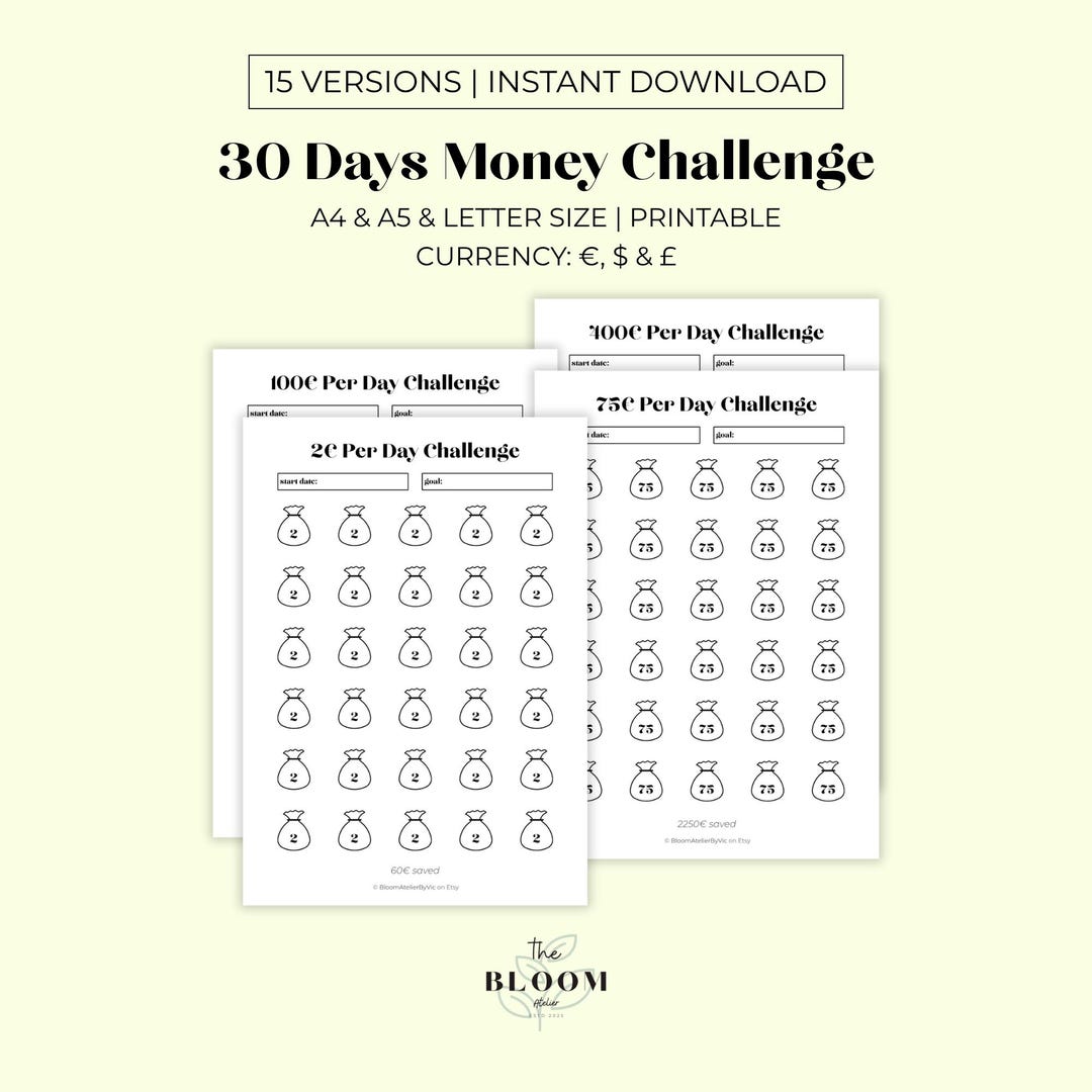 30 Day Money Saving Challenges Printable, Savings Trackers, Finance ...