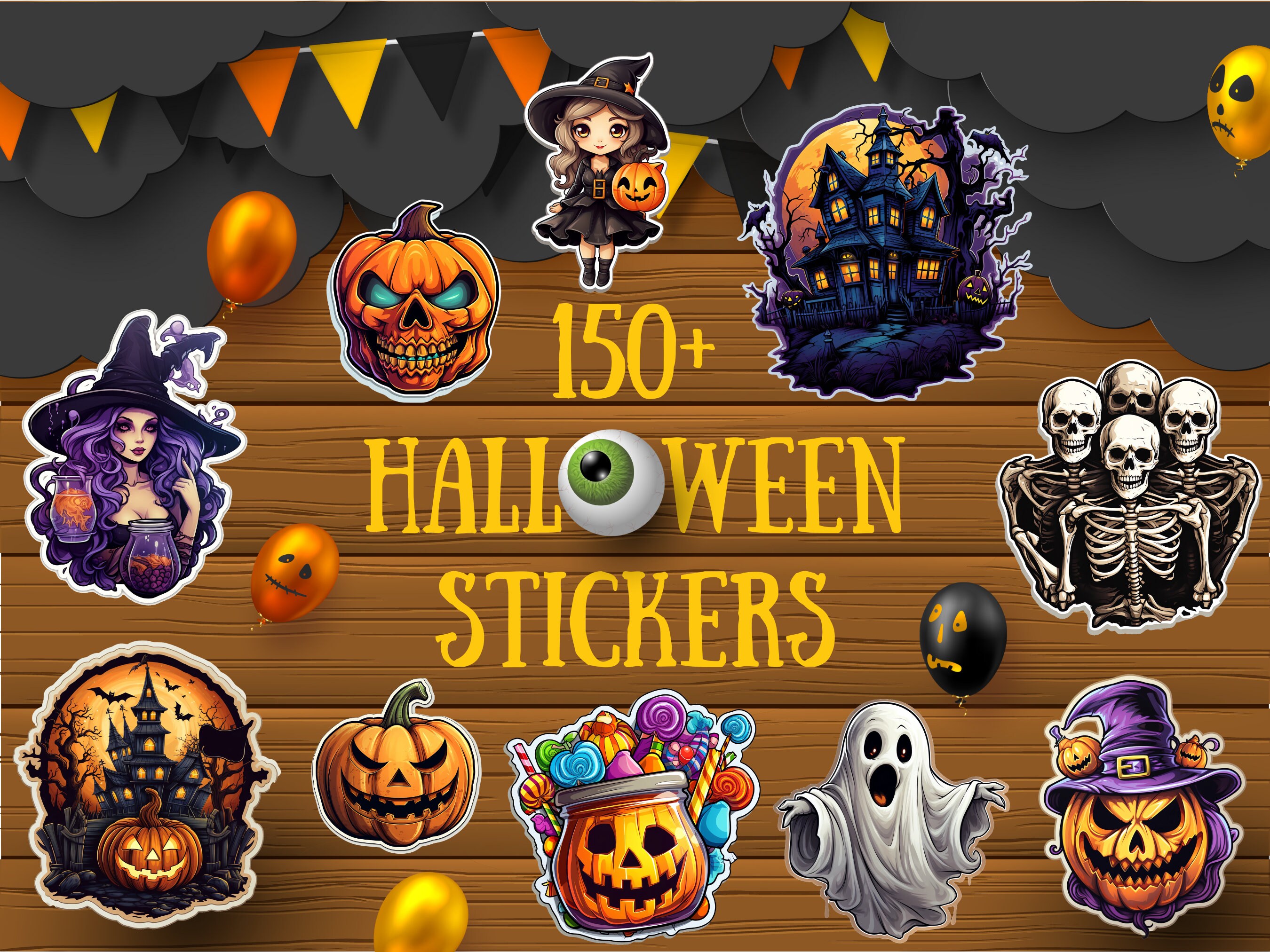 Halloween Illustration Stickers, Halloween Stickers Pack, Printable ...