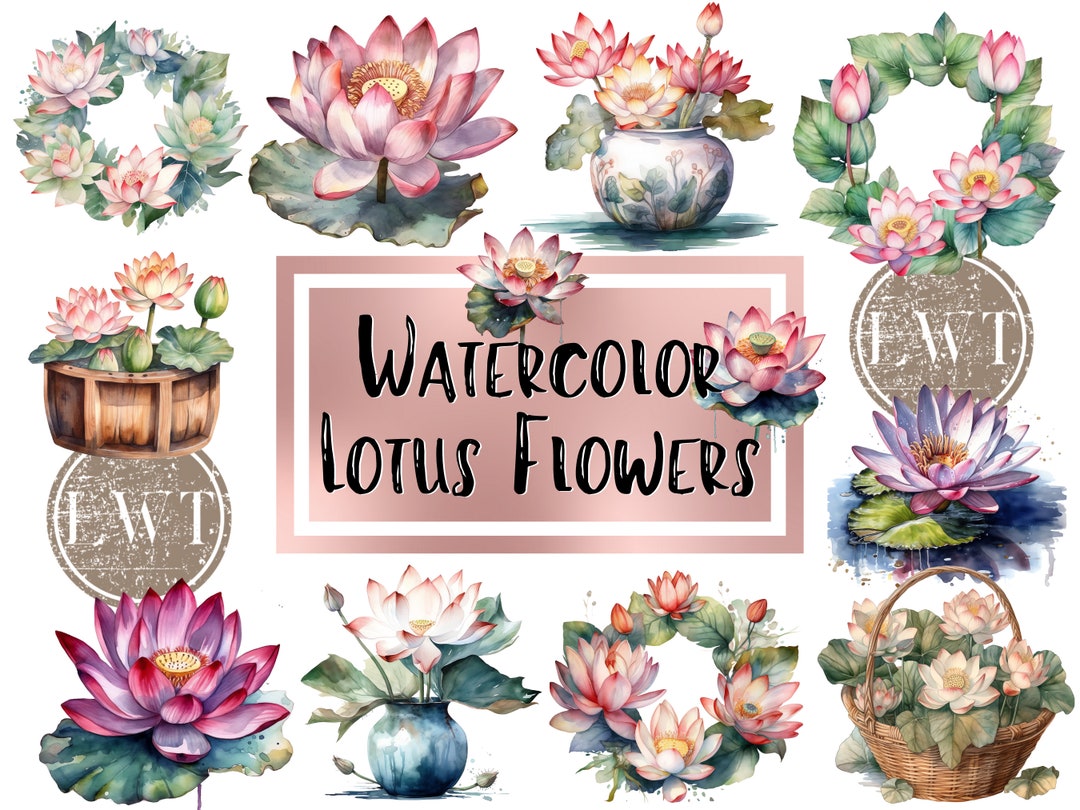 Watercolor Lotus Flowers Clipart, Fall Lotus Floral Bouquets, Wreath ...