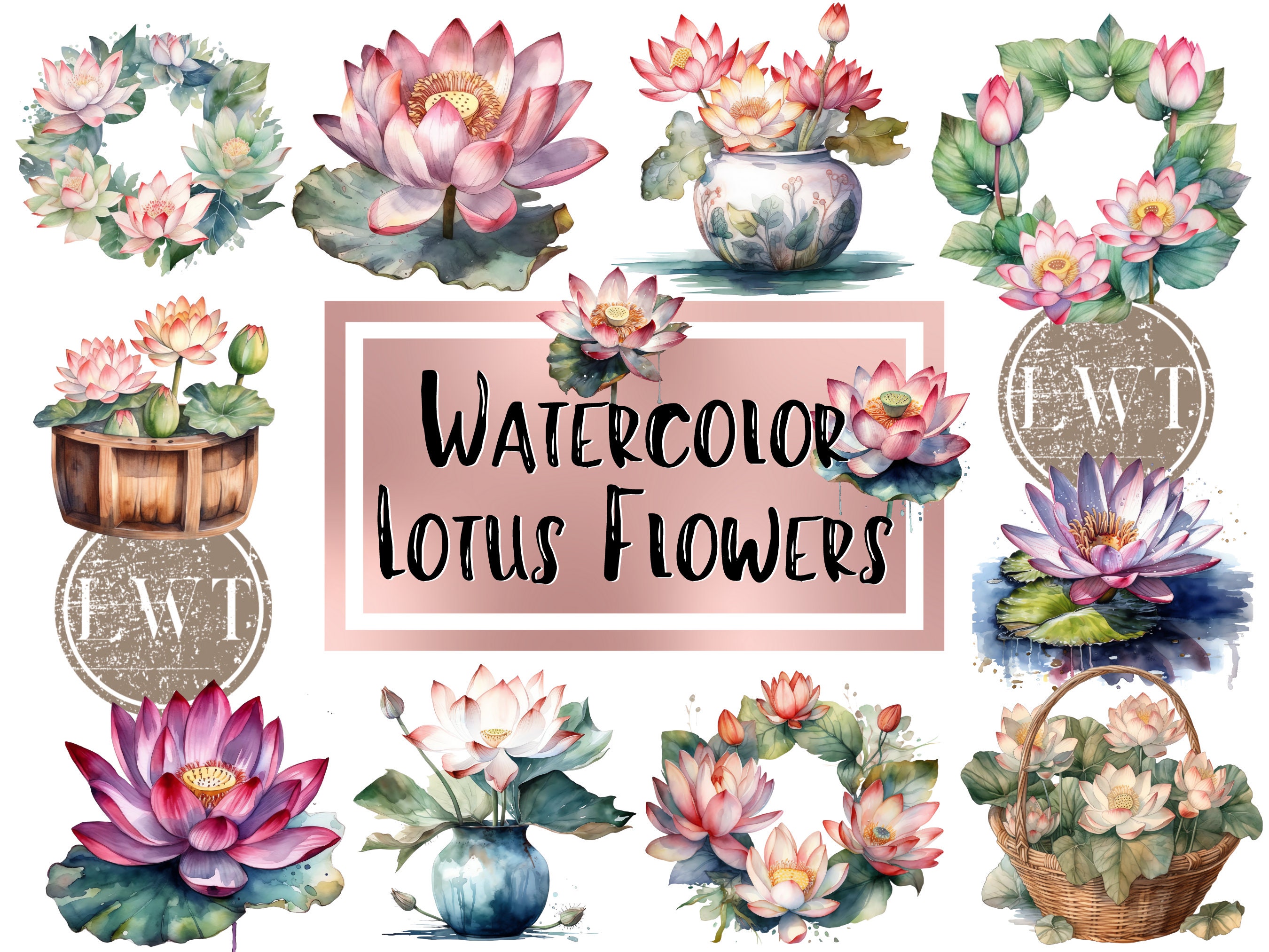 Watercolor Lotus Flowers Clipart, Fall Lotus Floral Bouquets, Wreath ...