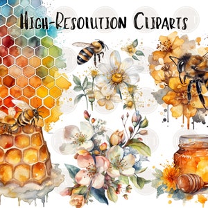 Watercolor Honey Bee Clipart, Spring Garden Bee and Honey Jar, Beehive ...