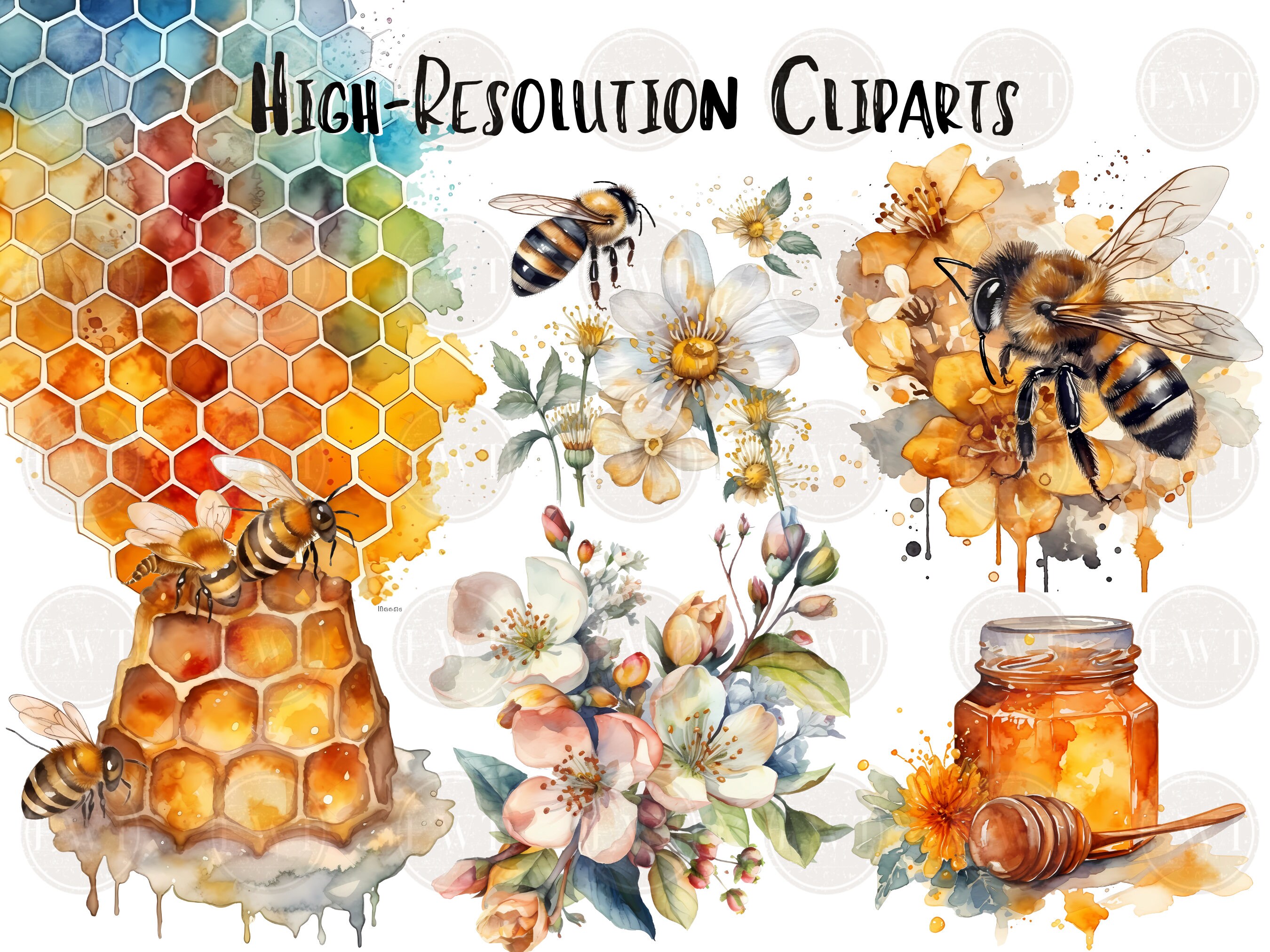 Watercolor Honey Bee Clipart, Spring Garden Bee and Honey Jar, Beehive ...